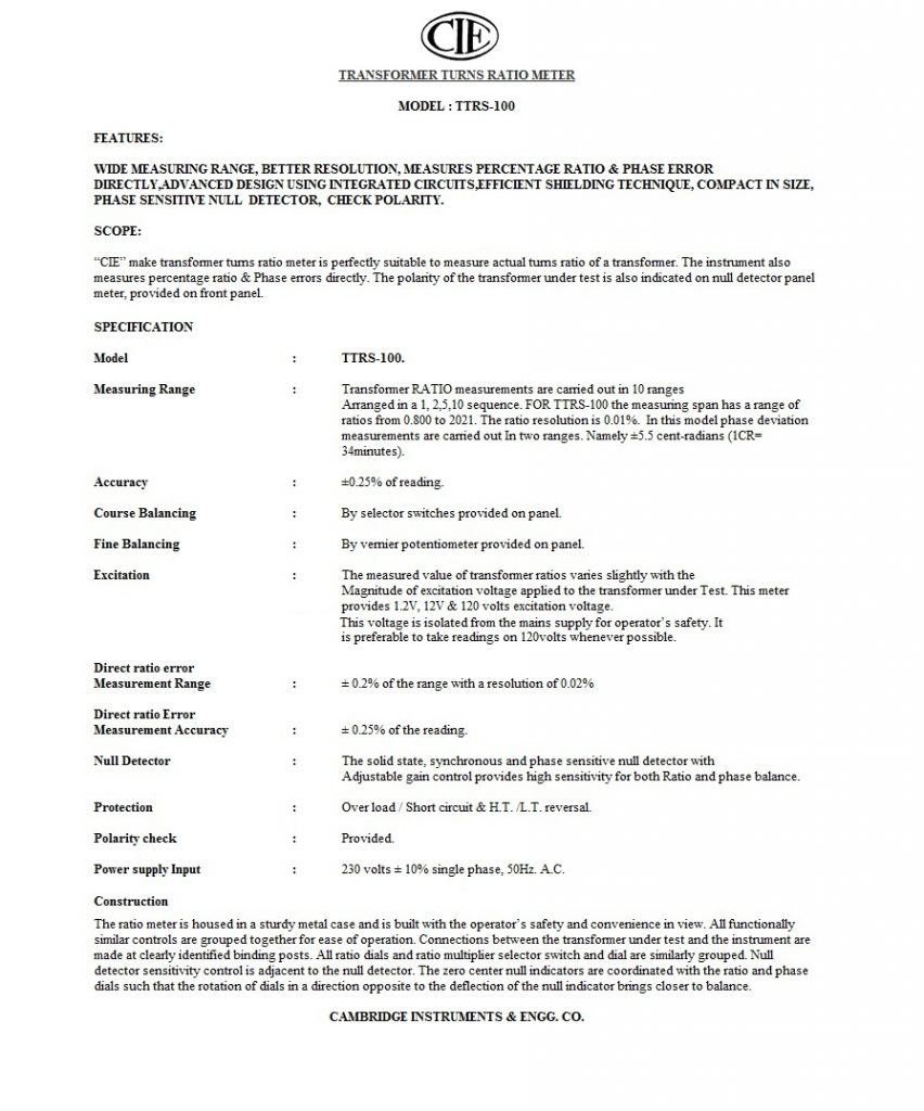 TRANSFORMER TRANS RATIO METER – Cambridge Instruments & Engineering Co.