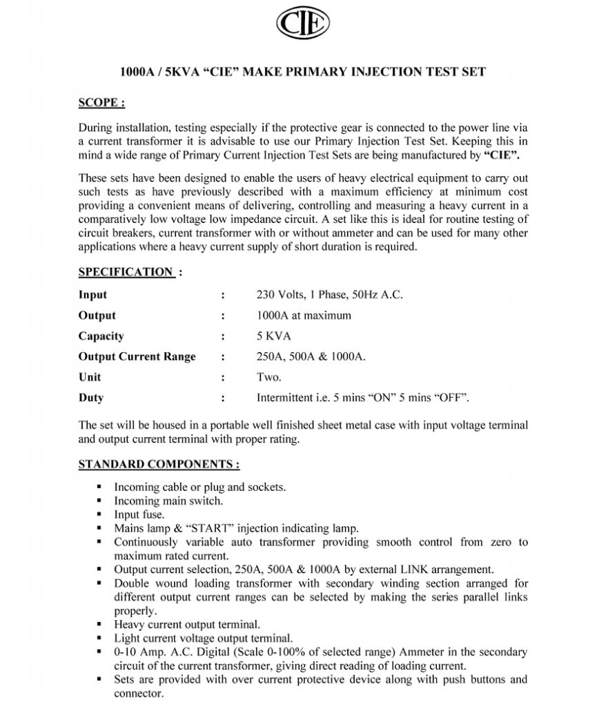 PRIMARY CURRENT INJECTION KIT – Cambridge Instruments & Engineering Co.